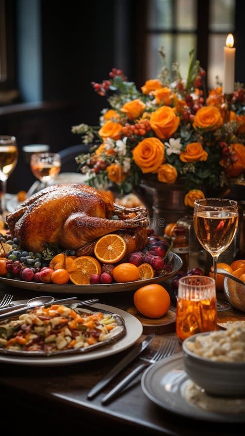 Thanksgiven Dinner Table with Roasted Turkey and Vegetables, Side View ...