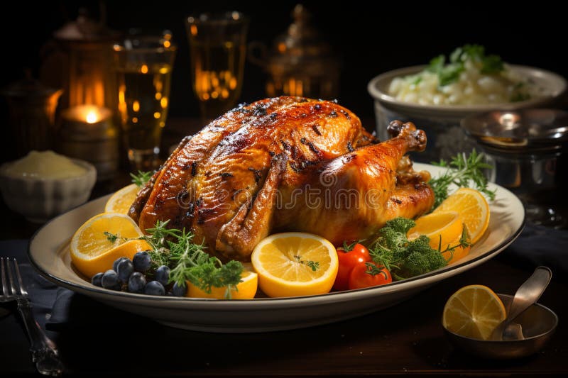 Thanksgiven Dinner Table with Roasted Turkey and Vegetables, Side View ...