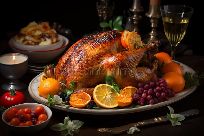 Thanksgiven Dinner Table with Roasted Turkey and Vegetables, Side View ...