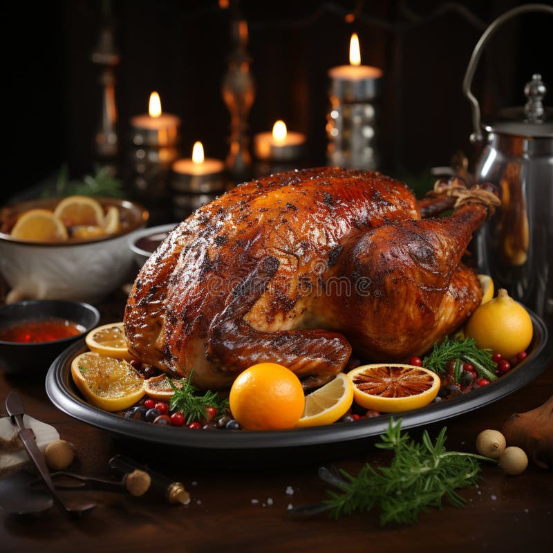 Thanksgiven Dinner Table with Roasted Turkey and Vegetables, Side View ...