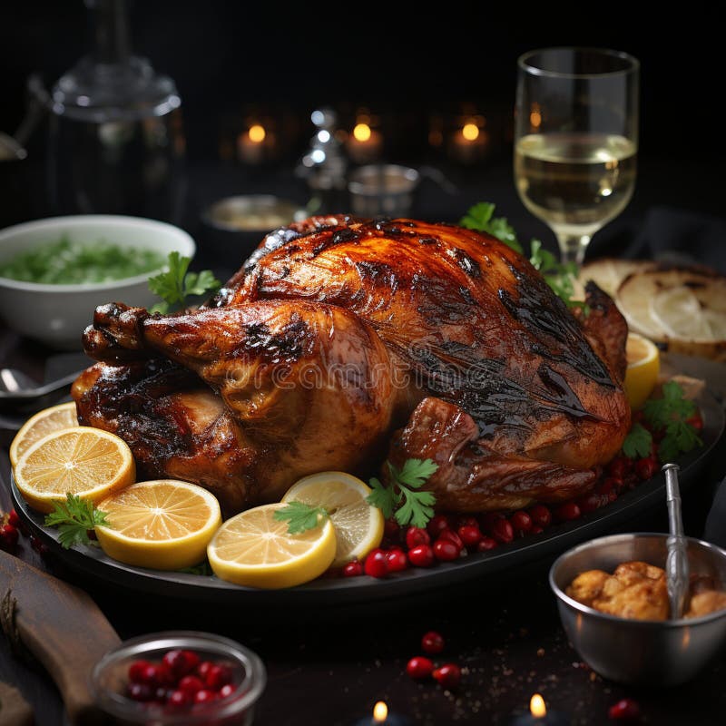 Thanksgiven Dinner Table with Roasted Turkey and Vegetables, Side View ...