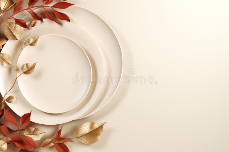 Thanksgiving Background with Plates and Leaves on a Beige Background ...