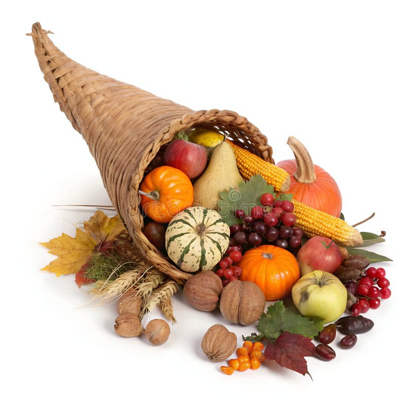 Thanksgiving Celebrating with Cornucopia Isolated on White Background ...