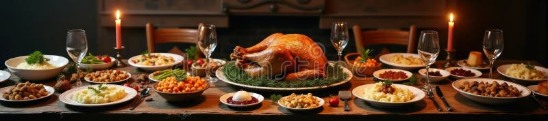A Thanksgiving, or Christmas Feast Stock Photo - Image of candles ...