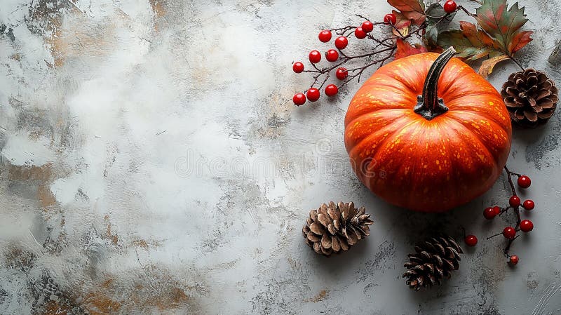 Thanksgiving Composition with a Single Pumpkin, Pine Cones Placed on ...