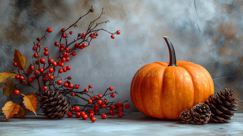 Thanksgiving Composition with a Single Pumpkin, Pine Cones Placed on ...