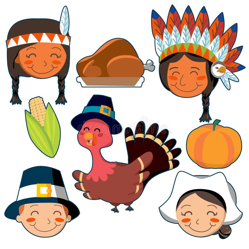 Thanksgiving Day Faces and Elements Set Stock Vector - Illustration of ...