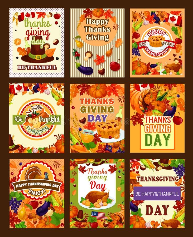 Thanksgiving Day Greeting Cards Set Stock Vector - Illustration of food ...