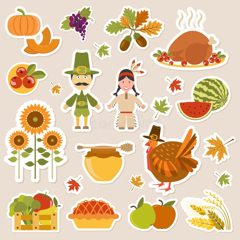 Thanksgiving Day Icon Set. Flat Style Stock Vector - Illustration of ...