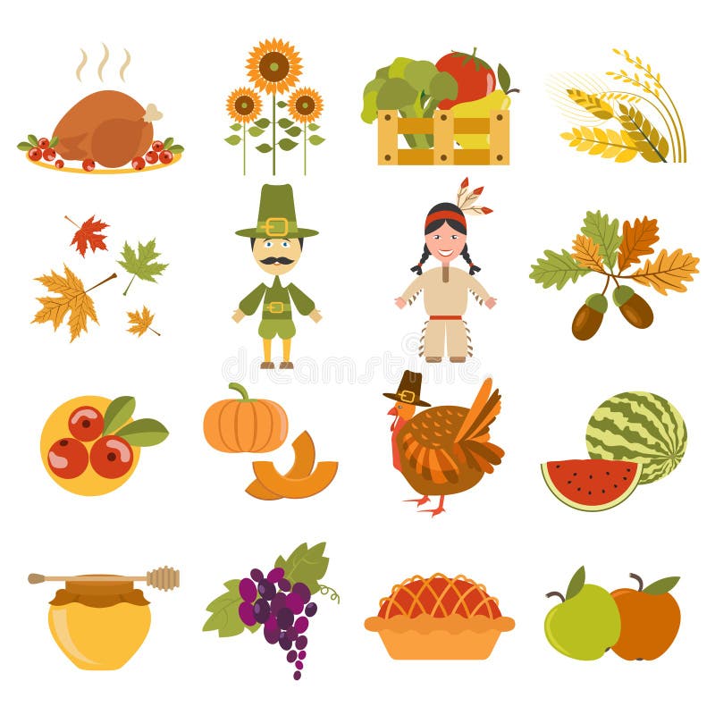 Thanksgiving Day Icon Set. Flat Style Stock Vector - Illustration of ...