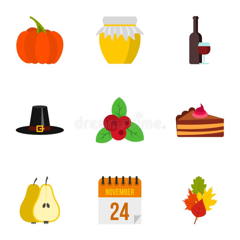 Thanksgiving Day Icons Set, Flat Style Stock Vector - Illustration of ...