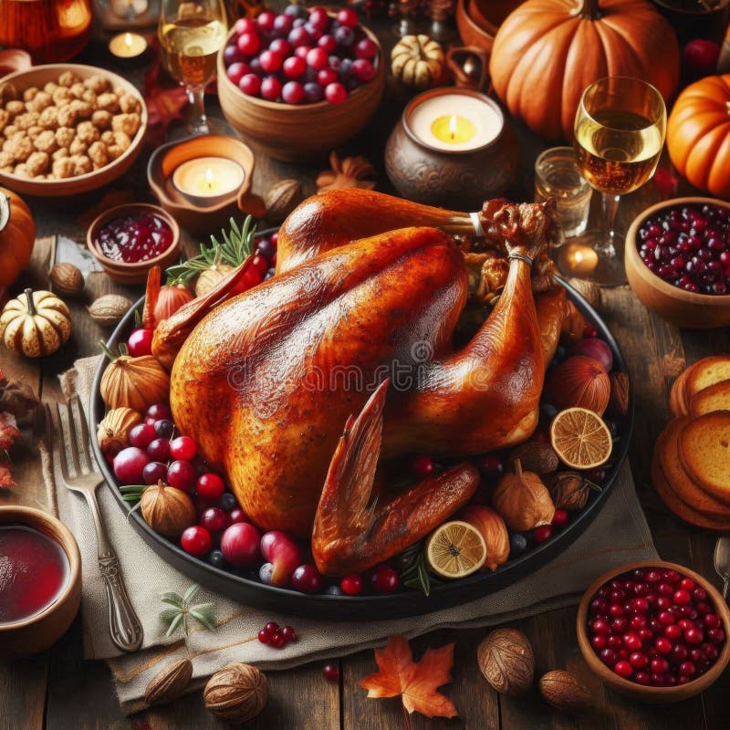 Thanksgiving Dinner Feast with Roasted Turkey, Cranberries, and Rustic ...