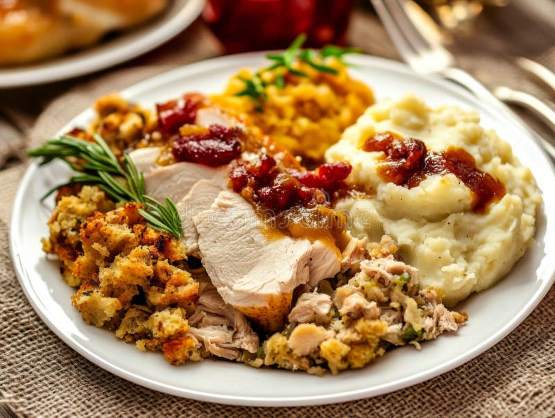 Thanksgiving Dinner Plate with Turkey, Stuffing, Mashed Potatoes and ...