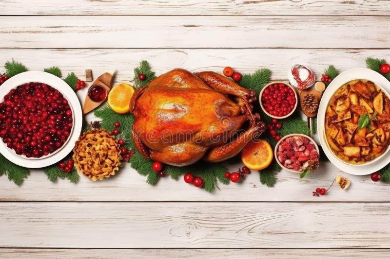 Thanksgiving Dinner with Roasted Turkey on White Wooden Table. Top View ...