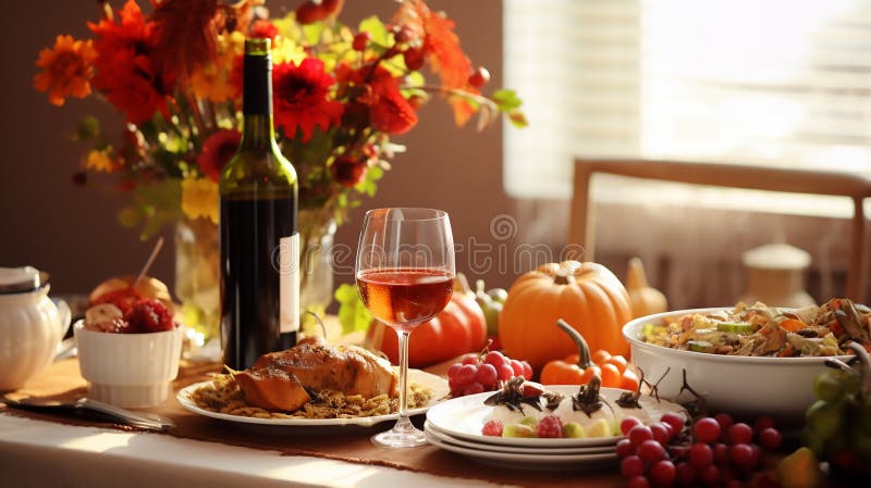 Thanksgiving Dinner Table with Thanksgiving Day Food and Wine, in the ...