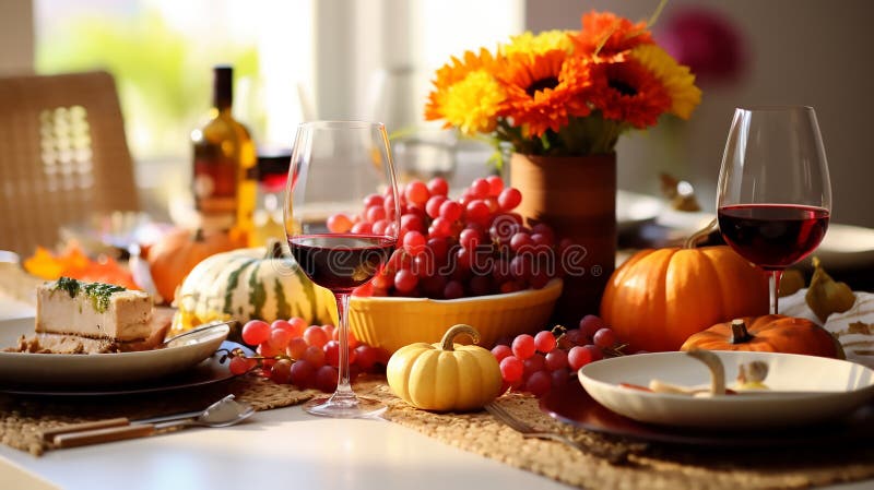 Thanksgiving Dinner Table with Thanksgiving Day Food and Wine, in the ...
