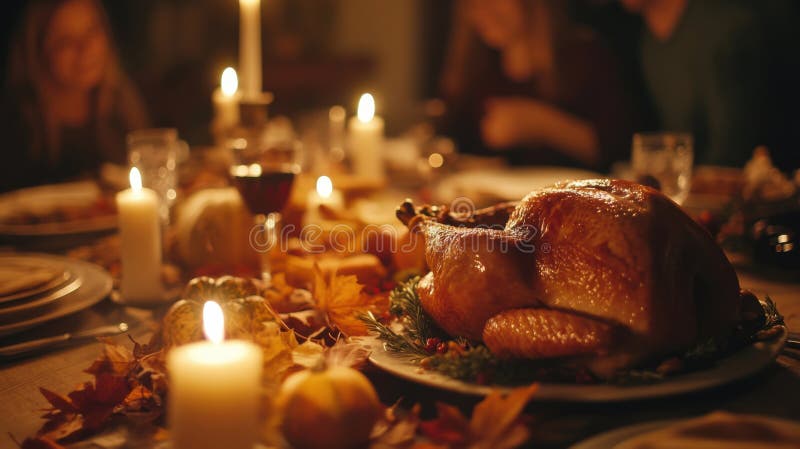Thanksgiving Dinner Table with Roasted Turkey, Candles, and Autumn ...