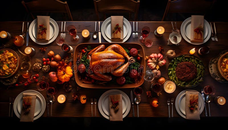 Thanksgiving Dinner Table Set Up with Roast Turkey Stock Illustration ...