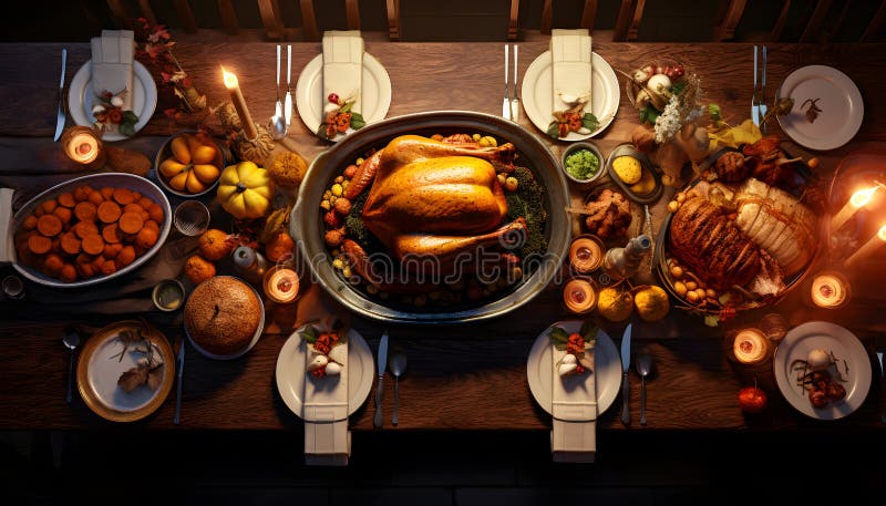 Thanksgiving Dinner Table Set Up with Roast Turkey Stock Illustration ...