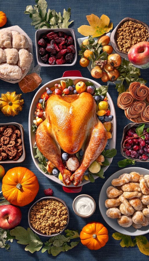 Thanksgiving Dinner Table Setting with Roasted Turkey, Side Dishes ...