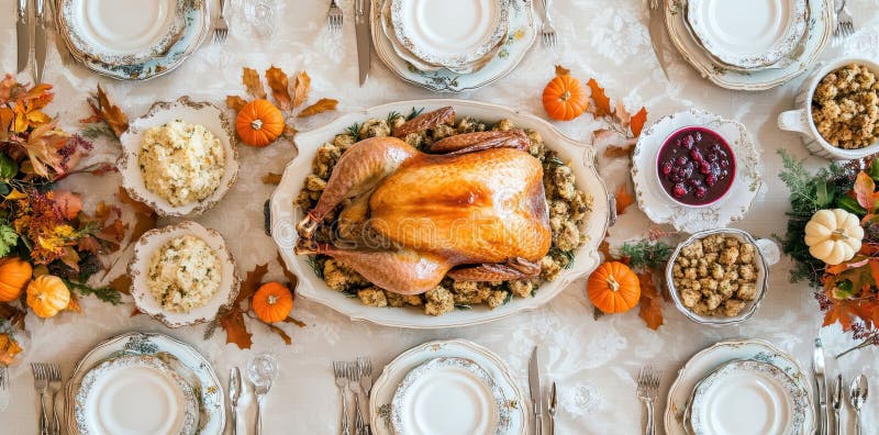 Thanksgiving Dinner Table Setting with Roasted Turkey and Side Dishes ...