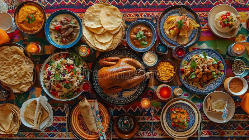 A Vibrant Multicultural Thanksgiving Dinner Featuring Diverse Dishes ...