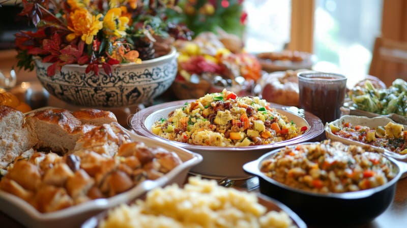 Thanksgiving Dinner Table Spread with a Variety of Dishes Stock ...