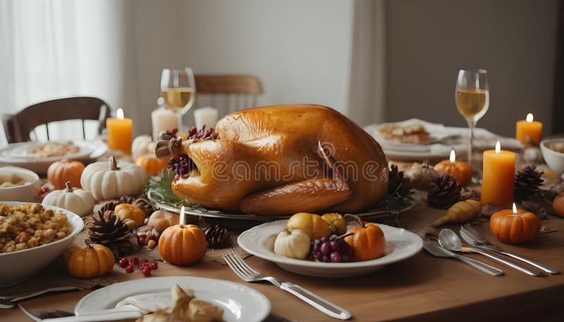 Thanksgiving Dinner Table with Turkey and Pumpkins with Champagne Glass ...