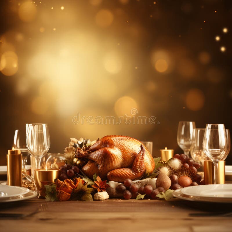 Thanksgiving Dinner Table with Turkey and Wine Glasses Stock ...