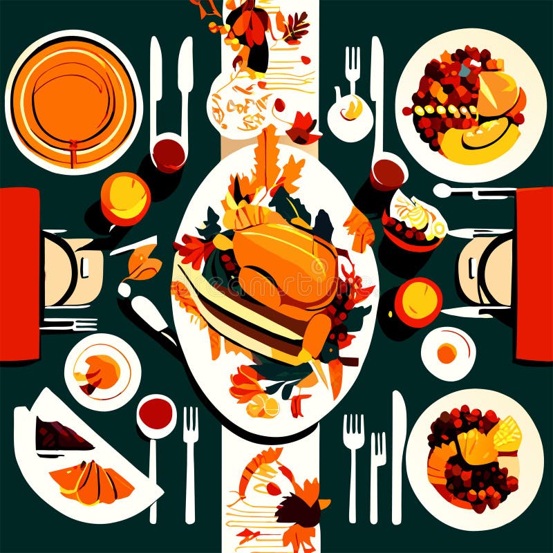 Thanksgiving Dinner with Turkey on Table. Vector Illustration in Flat ...