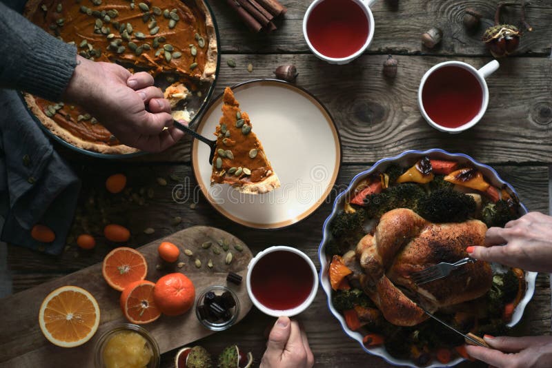 Thanksgiving Dinner on the Wooden Table Top View Stock Photo - Image of ...