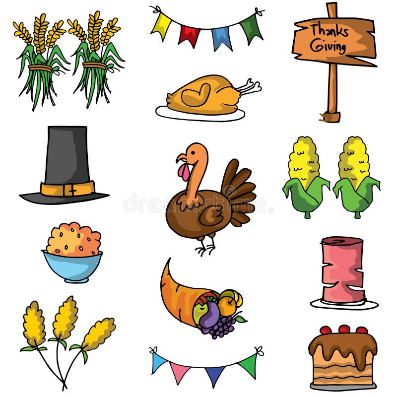 Thanksgiving Element Set of Doodle Stock Vector - Illustration of ...