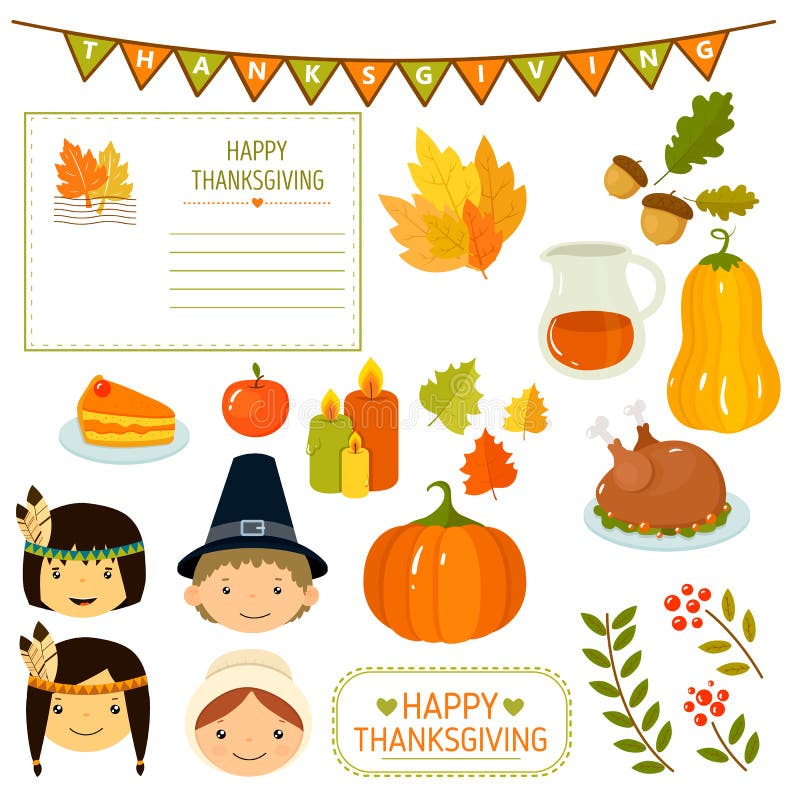 Thanksgiving Elements in Flat Style, Vector Stock Vector - Illustration ...