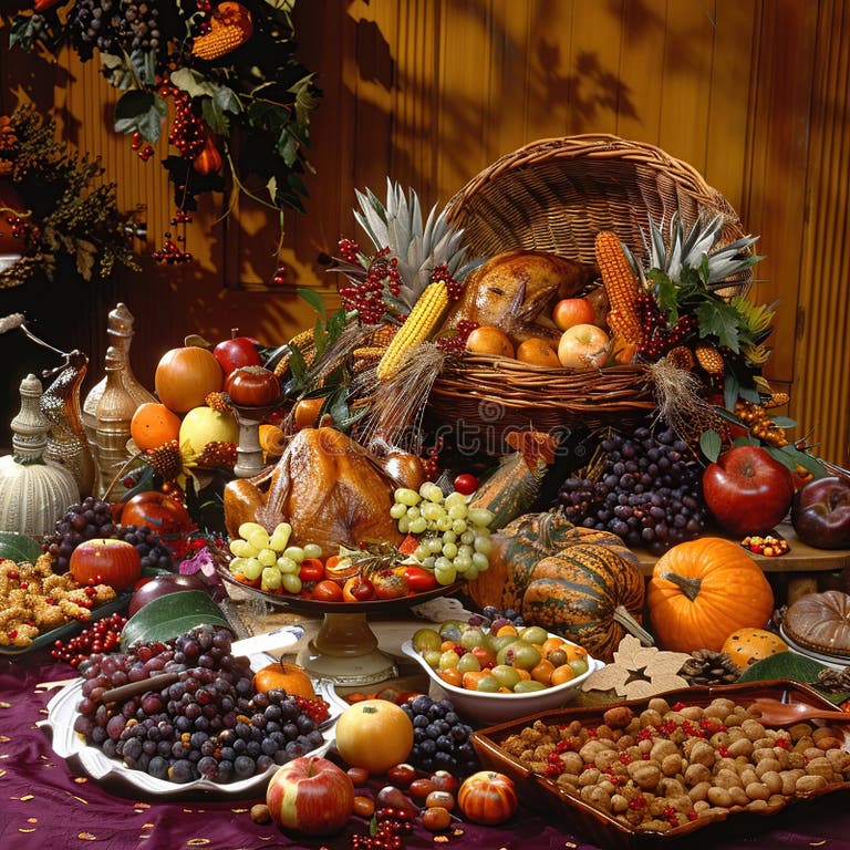 Thanksgiving Feast with Cornucopia and Fall Decorations Stock ...