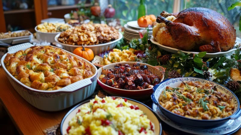 A Thanksgiving Feast with Roasted Turkey and Side Dishes Stock ...