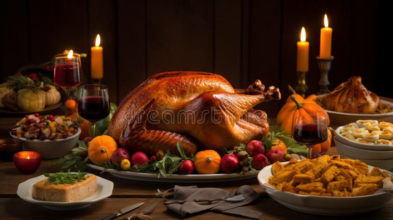 A Thanksgiving Feast Table with Turkey and All the Trimmings Stock ...