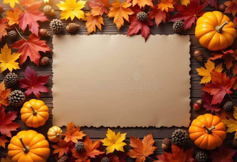 Thanksgiving Frame with Pumpkins, Autumn Leaves, and Pine Cones, Rustic Fall Border with Copy ...