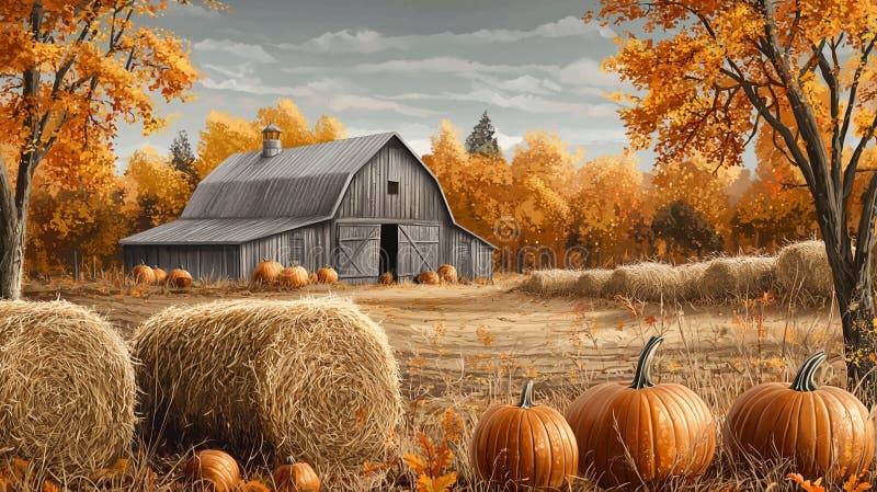 Thanksgiving Harvest Scene Featuring Barn, Pumpkins, and Hay Bales ...