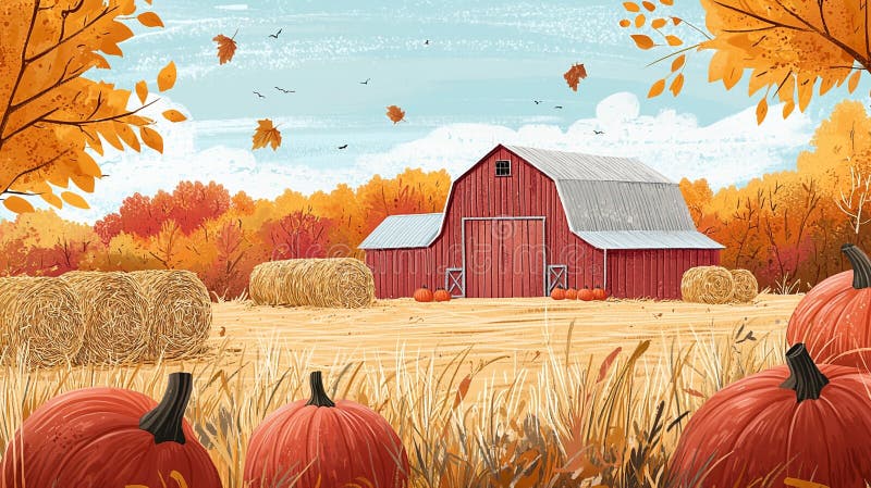 Thanksgiving Harvest Scene Featuring Barn, Pumpkins, and Hay Bales ...
