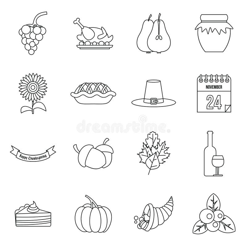 Happy Thanksgiving Day Cartoon Icons and Objects Set. Black and White ...