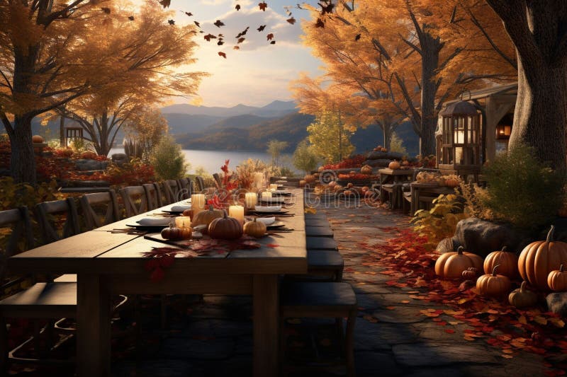 Thanksgiving Outdoor Gathering with a Long Table Stock Illustration ...