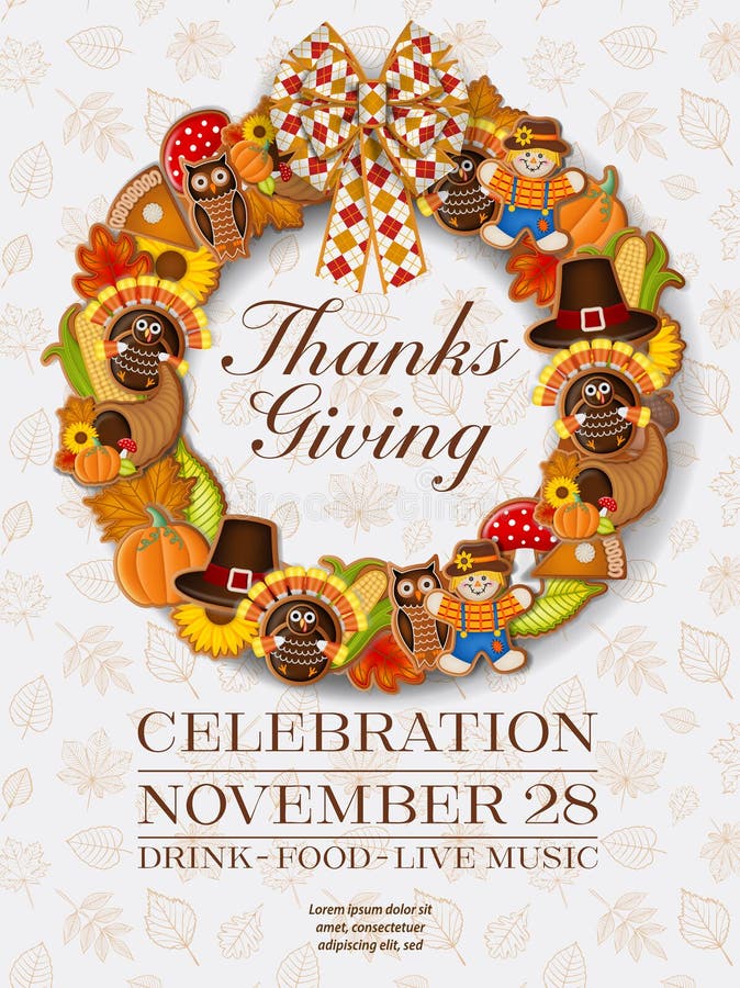 Thanksgiving Party Poster with Gingerbread Cookies Wreath. Thanksgiving ...