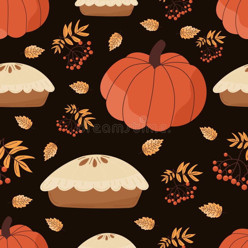 Thanksgiving Pattern with Autumnal Pumpkins, Pies, and Fall Leaves on ...