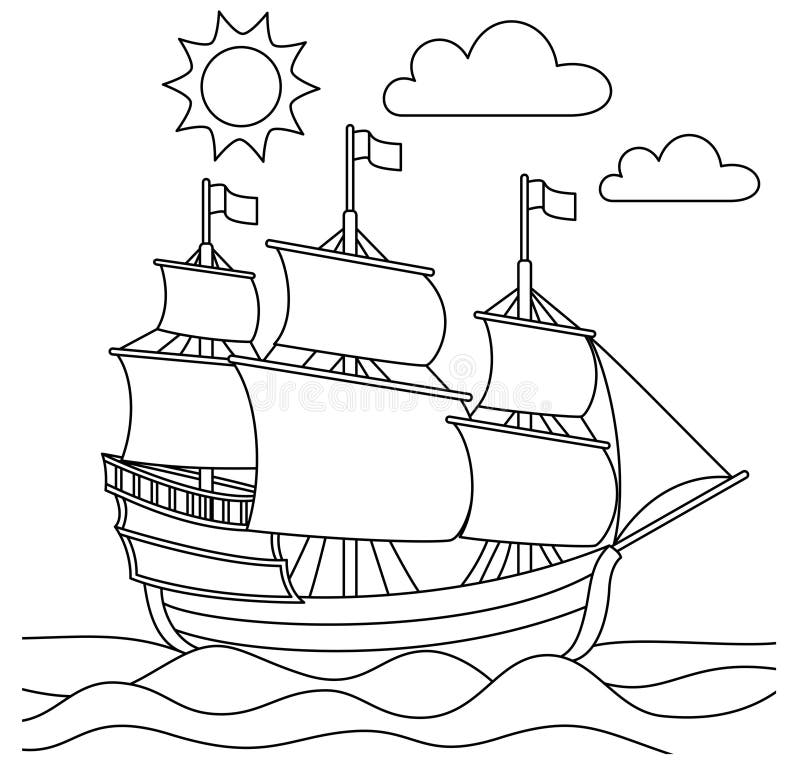 Thanksgiving Pilgrim Boat Outline Coloring Page Stock Vector ...