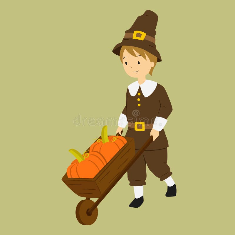 Thanksgiving Pilgrim Boy Pushing a Wheel Cart Filled with Pumpkins ...