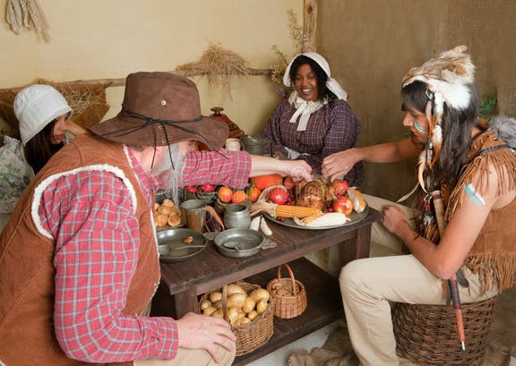Thanksgiving Pilgrims Eating Stock Image - Image of indians, dinner ...