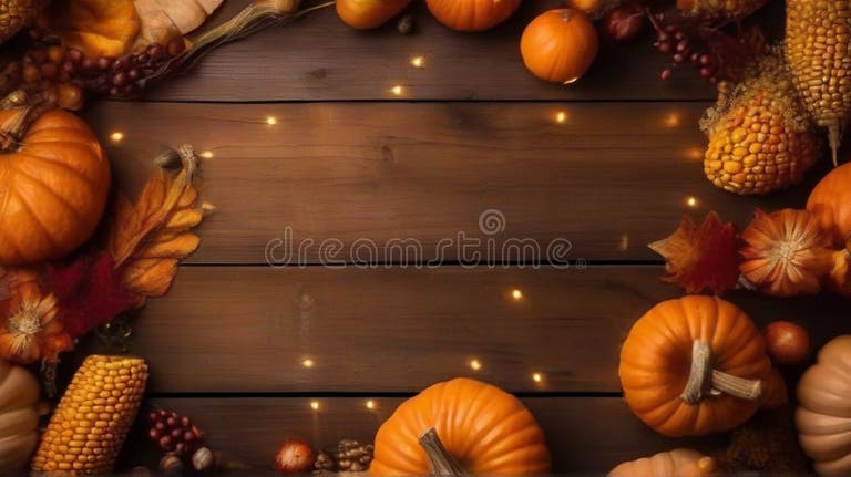 Thanksgiving - Pumpkins and Corncobs on Rustic Table with Garland and ...