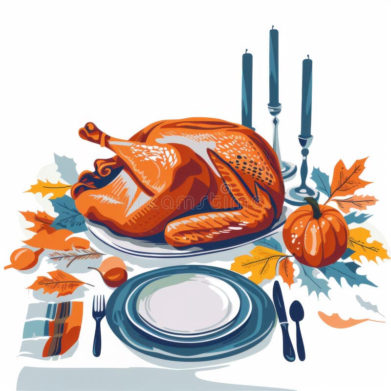 Thanksgiving Roast Turkey on a Dinner Table. Modern Vector Illustration ...