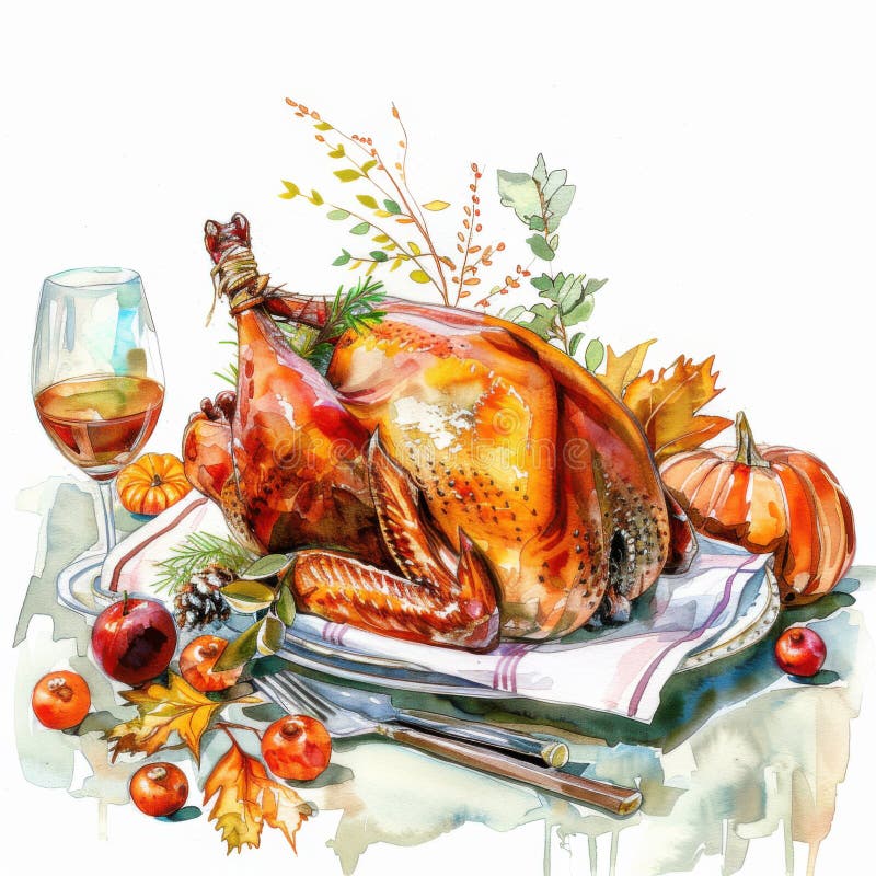 Thanksgiving Roast Turkey on a Dinner Table. Watercolor Illustration ...