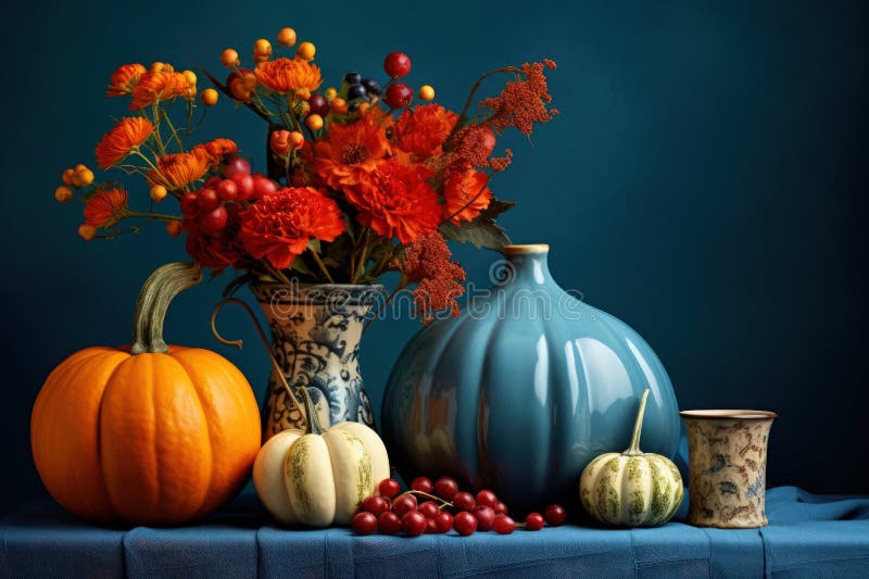 Thanksgiving Scene with Fall Foliage Pumpkins and Berries Against a ...